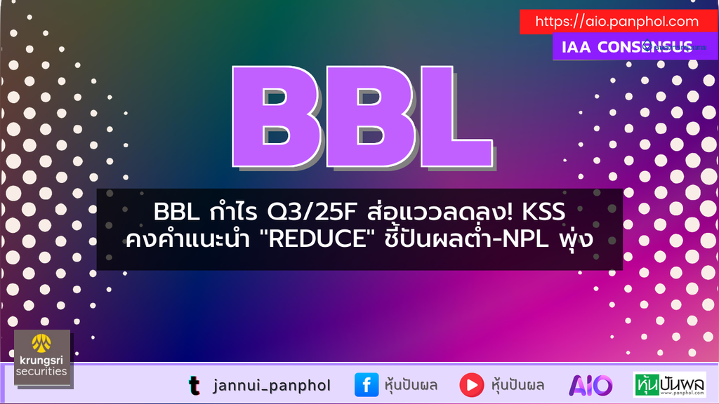 AiO : BBL กำไร Q3/25F ส่อแววลดลง! KSS คงคำแนะนำ "REDUCE" ชี้ปันผลต่ำ-NPL พุ่ง - ข่าวหุ้น