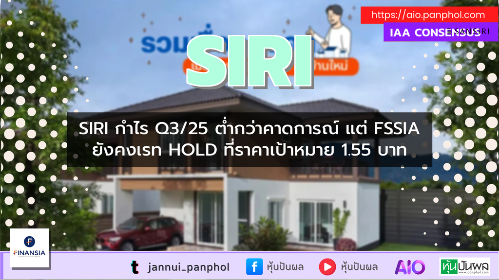 AiO : SIRI กำไร Q3/25 ต่ำกว่าคาดการณ์ แต่ FSSIA ยังคงเรท HOLD ที่ราคาเป้าหมาย 1.55 บาท - ข่าวหุ้น