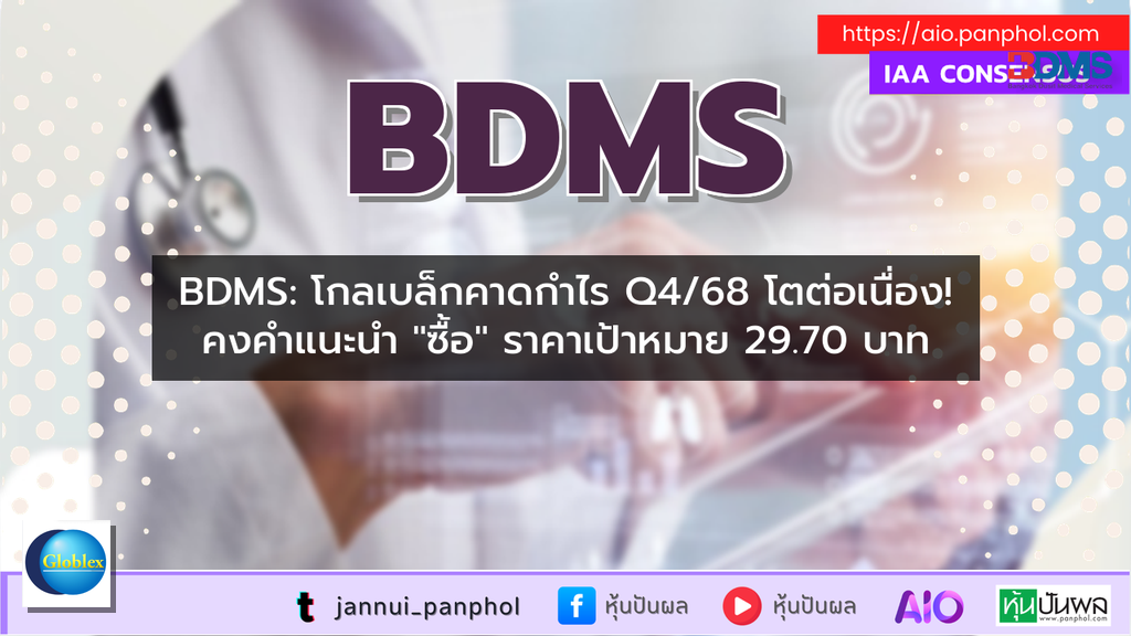 AiO : BDMS: โกลเบล็กคาดกำไร Q4/68 โตต่อเนื่อง! คงคำแนะนำ "ซื้อ" ราคาเป้าหมาย 29.70 บาท - ข่าวหุ้น