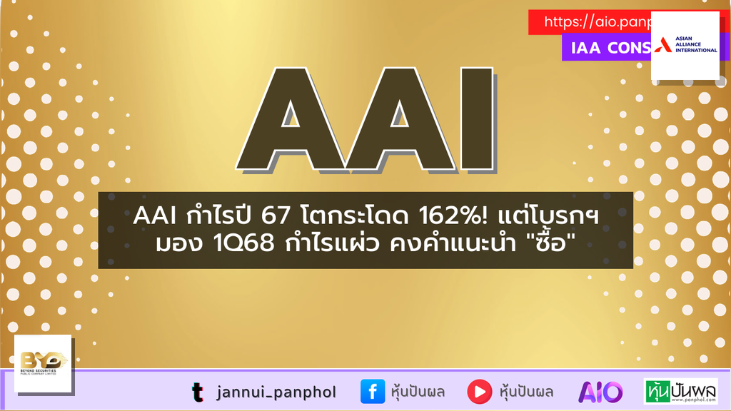 AiO : AAI กำไรปี 67 โตกระโดด 162%! แต่โบรกฯ มอง 1Q68 กำไรแผ่ว คงคำแนะนำ "ซื้อ" - ข่าวหุ้น