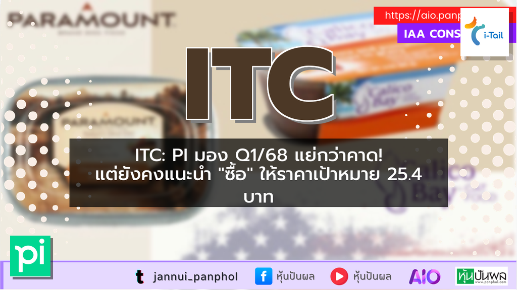 AiO : ITC: PI มอง Q1/68 แย่กว่าคาด! แต่ยังคงแนะนำ "ซื้อ" ให้ราคาเป้าหมาย 25.4 บาท - ข่าวหุ้น