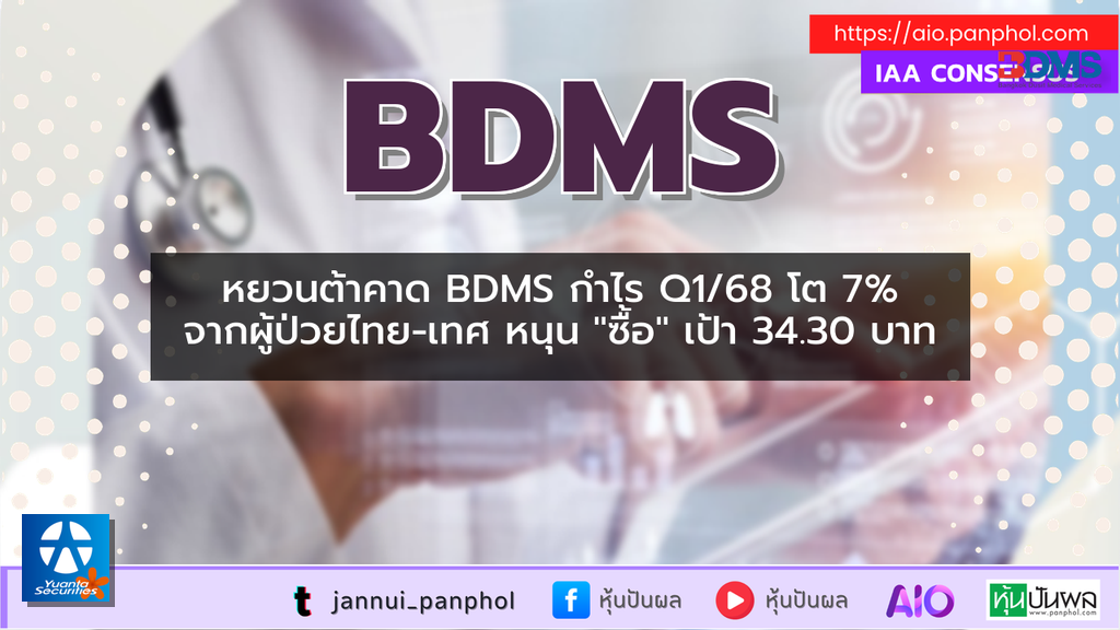 AiO : หยวนต้าคาด BDMS กำไร Q1/68 โต 7% จากผู้ป่วยไทย-เทศ หนุน "ซื้อ" เป้า 34.30 บาท - ข่าวหุ้น