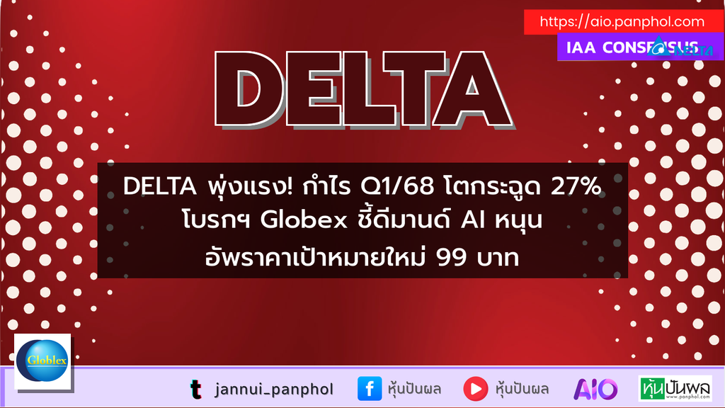 AiO : DELTA พุ่งแรง! กำไร Q1/68 โตกระฉูด 27% โบรกฯ Globex ชี้ดีมานด์ AI หนุน อัพราคาเป้าหมายใหม่ ...
