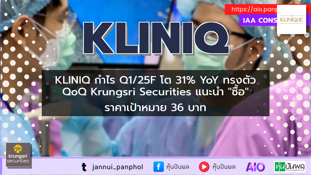 AiO : KLINIQ กำไร Q1/25F โต 31% YoY ทรงตัว QoQ Krungsri Securities แนะนำ "ซื้อ" ราคาเป้าหมาย 36 ...