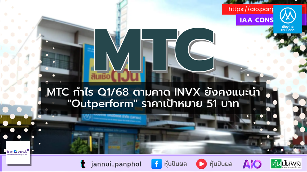 AiO : MTC กำไร Q1/68 ตามคาด INVX ยังคงแนะนำ "Outperform" ราคาเป้าหมาย 51 บาท - ข่าวหุ้น