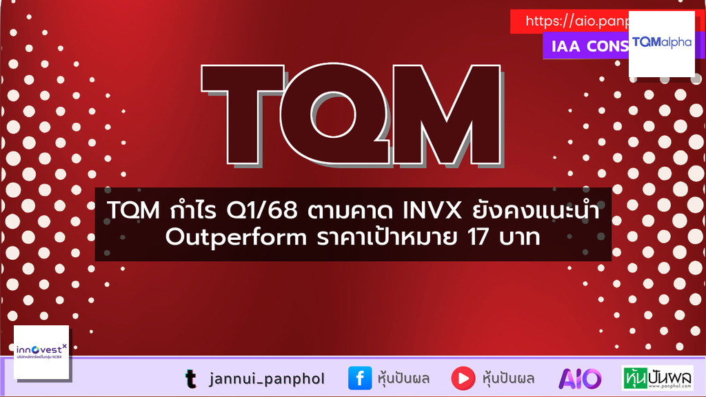 AiO : TQM กำไร Q1/68 ตามคาด INVX ยังคงแนะนำ Outperform ราคาเป้าหมาย 17 บาท - ข่าวหุ้น