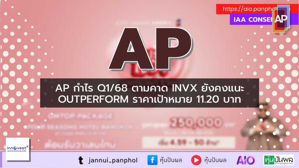 AiO : AP กำไร Q1/68 ตามคาด INVX ยังคงแนะ OUTPERFORM ราคาเป้าหมาย 11.20 บาท - ข่าวหุ้น