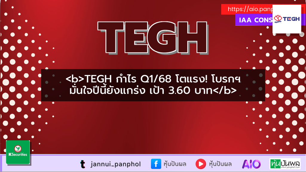 AiO : TEGH กำไร Q1/68 โตแรง! โบรกฯ มั่นใจปีนี้ยังแกร่ง เป้า 3.60 บาท - ข่าวหุ้น