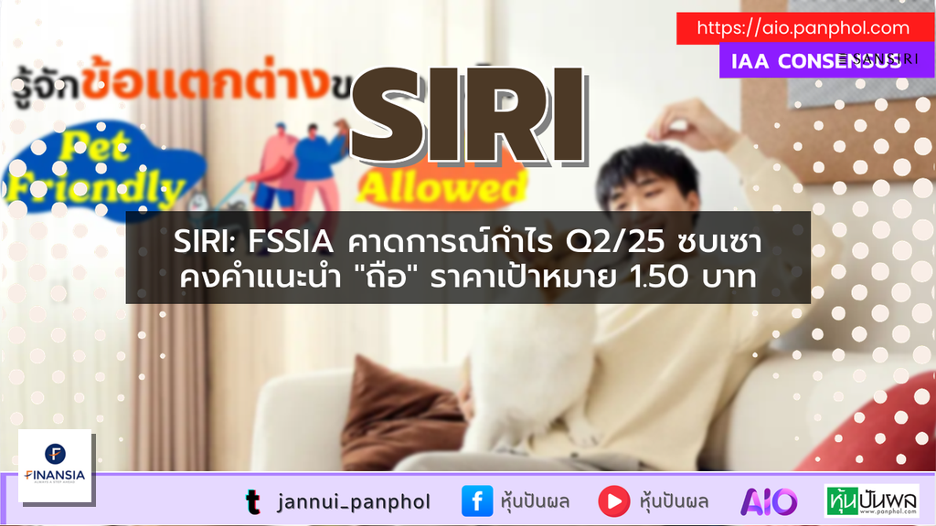 AiO : SIRI: FSSIA คาดการณ์กำไร Q2/25 ซบเซา คงคำแนะนำ "ถือ" ราคาเป้าหมาย 1.50 บาท - ข่าวหุ้น