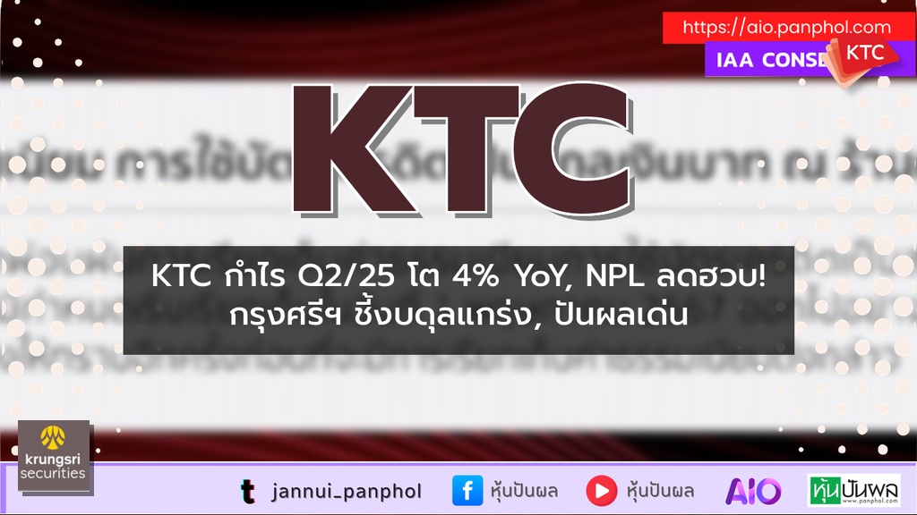 AiO : KTC กำไร Q2/25 โต 4% YoY, NPL ลดฮวบ! กรุงศรีฯ ชี้งบดุลแกร่ง, ปันผลเด่น - ข่าวหุ้น