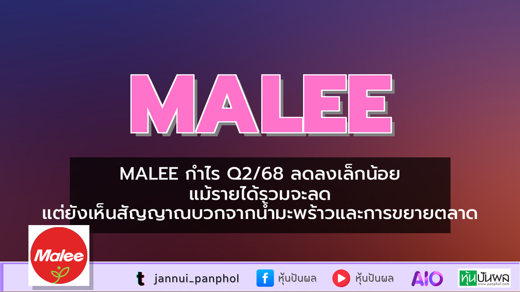 AiO : MALEE กำไร Q2/68 ลดลงเล็กน้อย แม้รายได้รวมจะลด แต่ยังเห็นสัญญาณบวกจากน้ำมะพร้าวและการขยาย ...